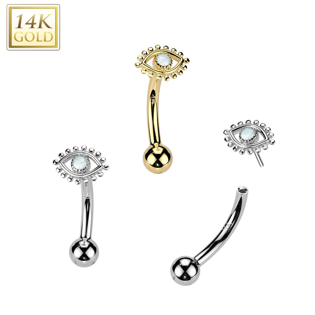 14K Solid Gold Threadless Push In Evil Opal Eye Curved Eyebrow Barbell ...
