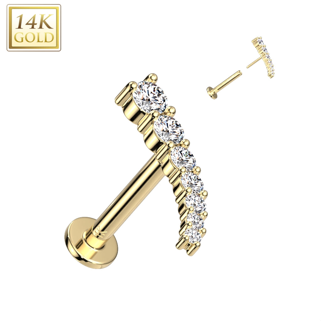 14K Solid Gold Threadless Labret With Prong CZ Curve Top ...