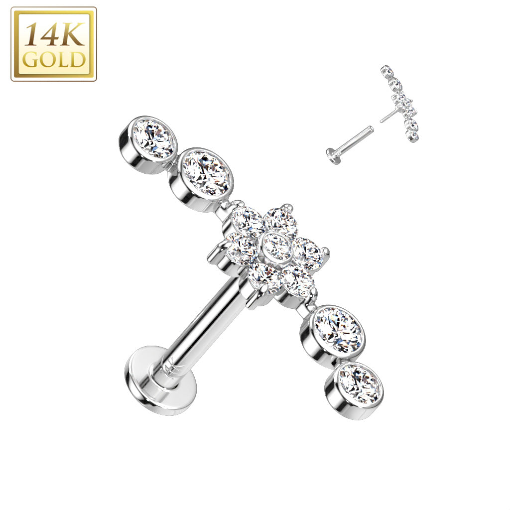 14K Solid Gold Threadless Labret With CZ Flower Center Top ...