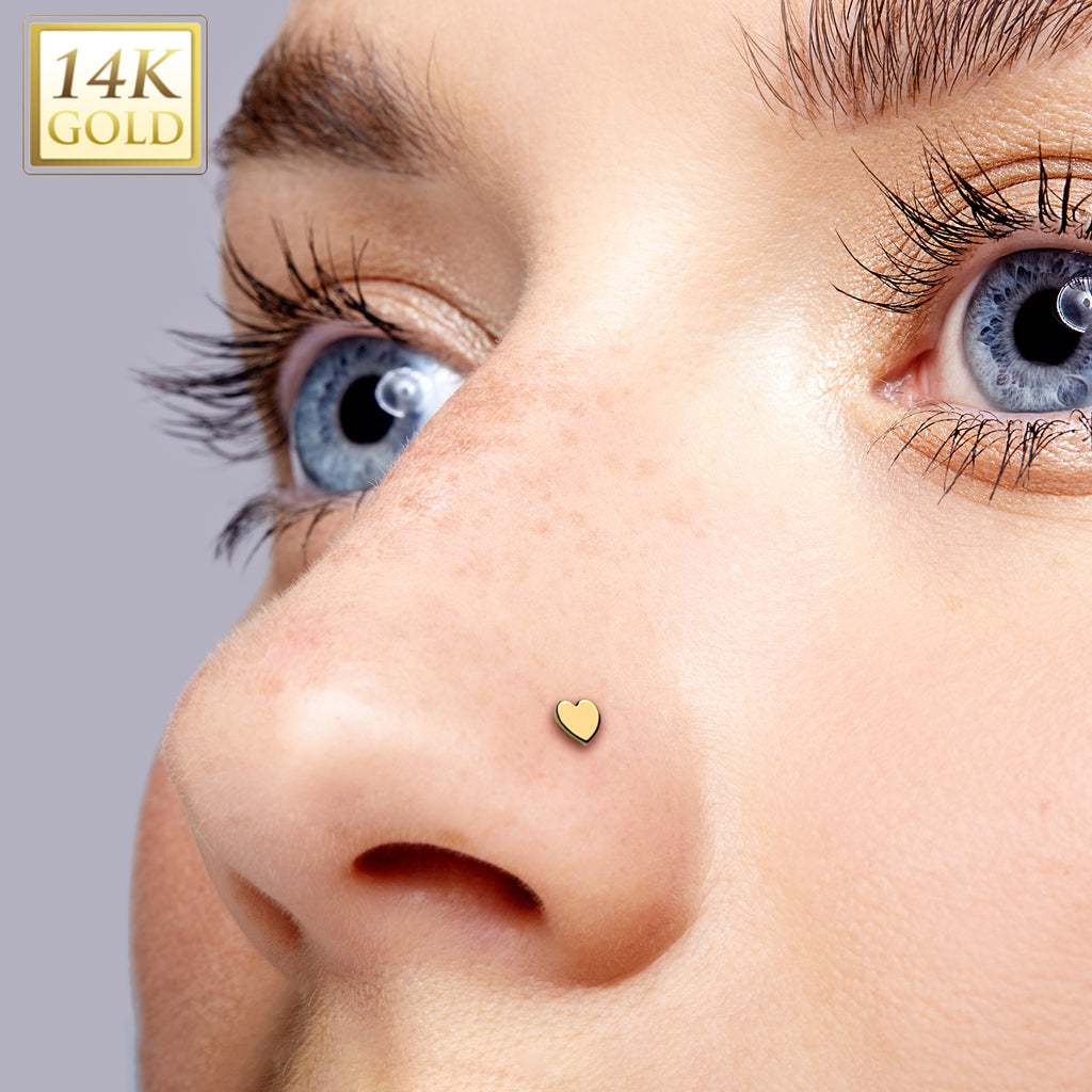 14K Solid Gold Threadless Push In Nose Stud With Heart Top ...