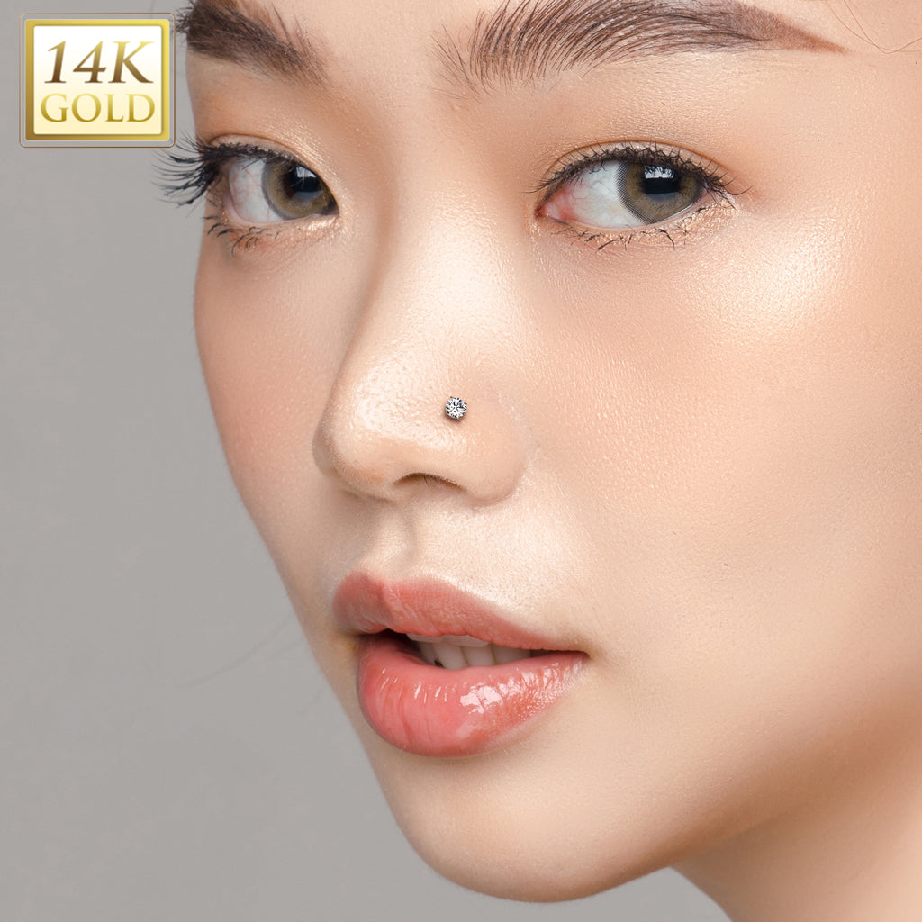 14K Solid Gold Threadless Push In Nose Stud With Prong CZ Top 20G ...