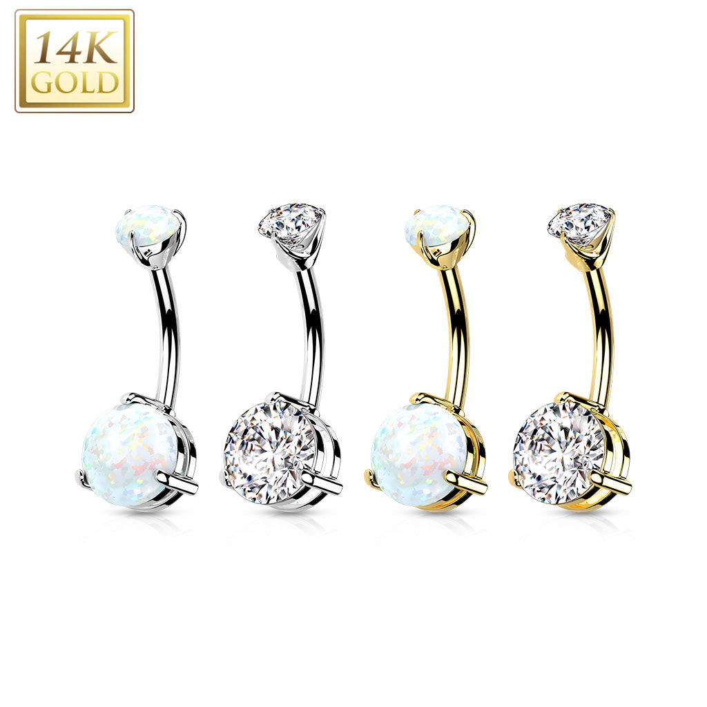 14K Solid Gold CZ Or Opal Stone Belly Button Navel Rings ...
