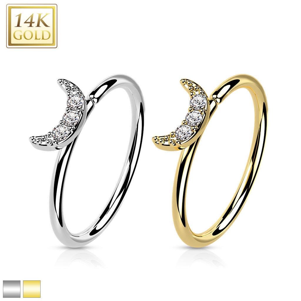 14K Solid Gold CZ Paved Crescent Moon Nose Hoop Ring Ear Cartilage Tra ...