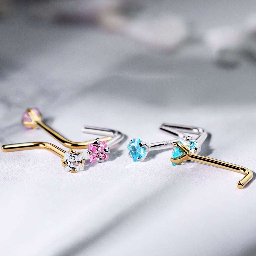 14K Solid Gold Square CZ L Bend Nose Ring – iconbodyjewelry.com