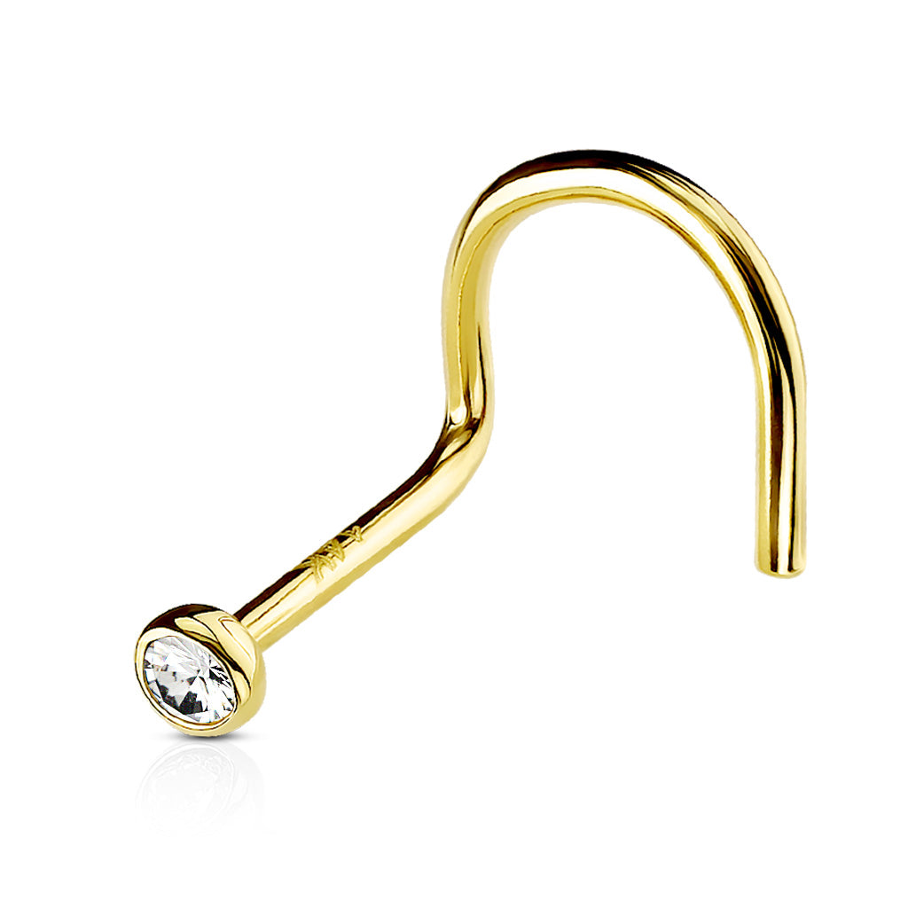 14K Solid Gold Bezel Set 2mm CZ Top Nose Screw Ring – iconbodyjewelry.com