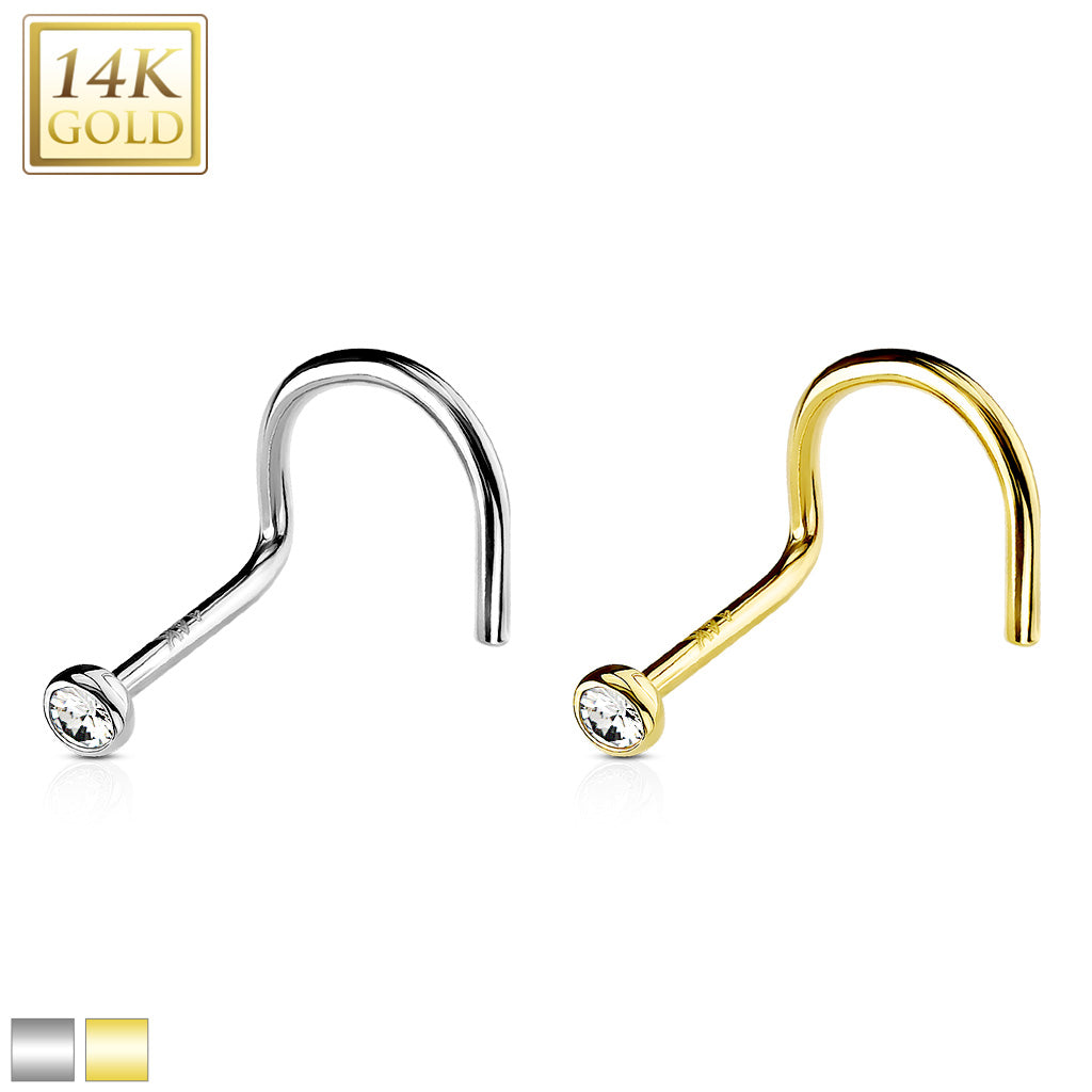 14K Solid Gold Bezel Set 2mm CZ Top Nose Screw Ring – iconbodyjewelry.com