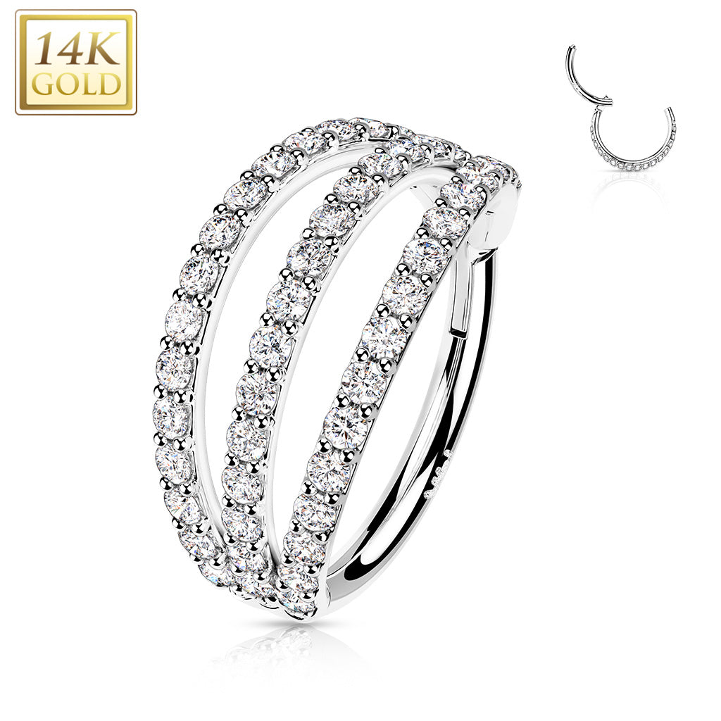 14K Solid Gold Triple CZ Segment Hoop Ring Nose Septum Daith ...