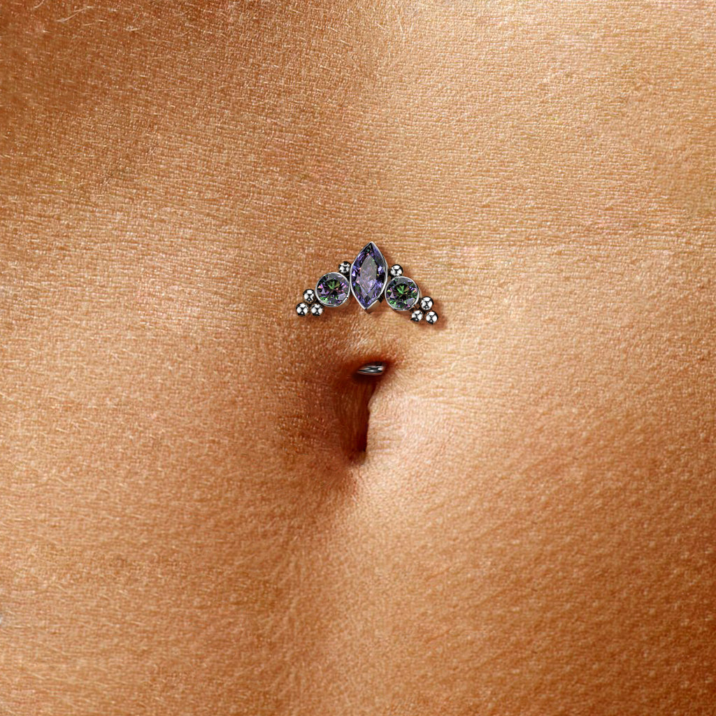 Titanium Threadless Floating Convex Base CZ & Opal Top Belly Button Ri ...