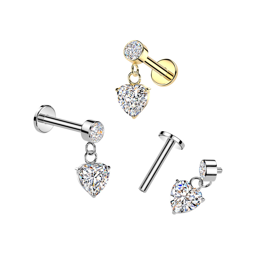 Internally Threaded Heart CZ Dangle Tragus Helix Ear Cartilage Studs ...