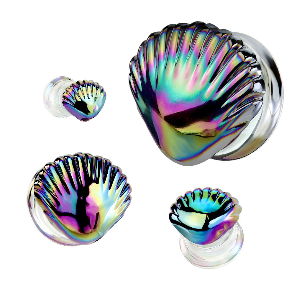 Pair Iridescent Rainbow Shell Double Flare Glass Ear Plugs ...