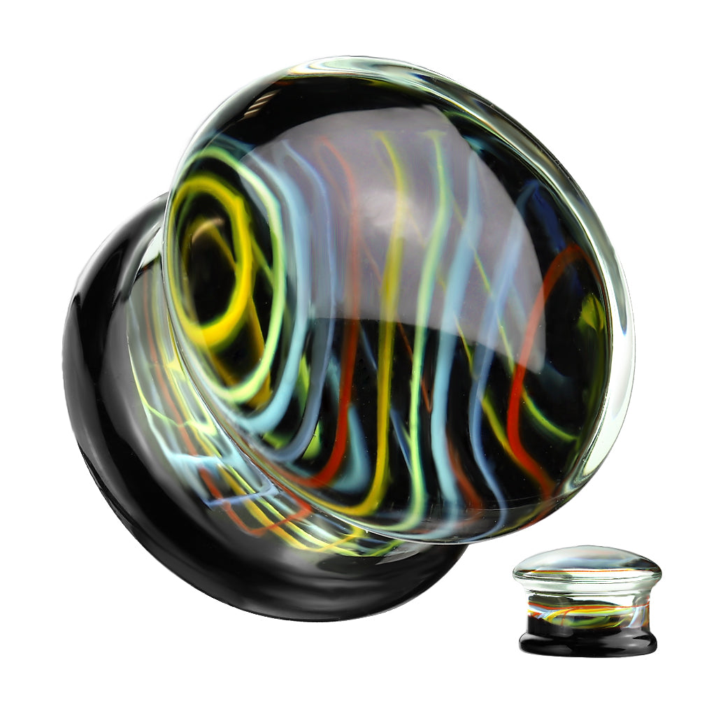 Pair Rainbow Swirl Over Black Back Glass Double Flare Plugs ...