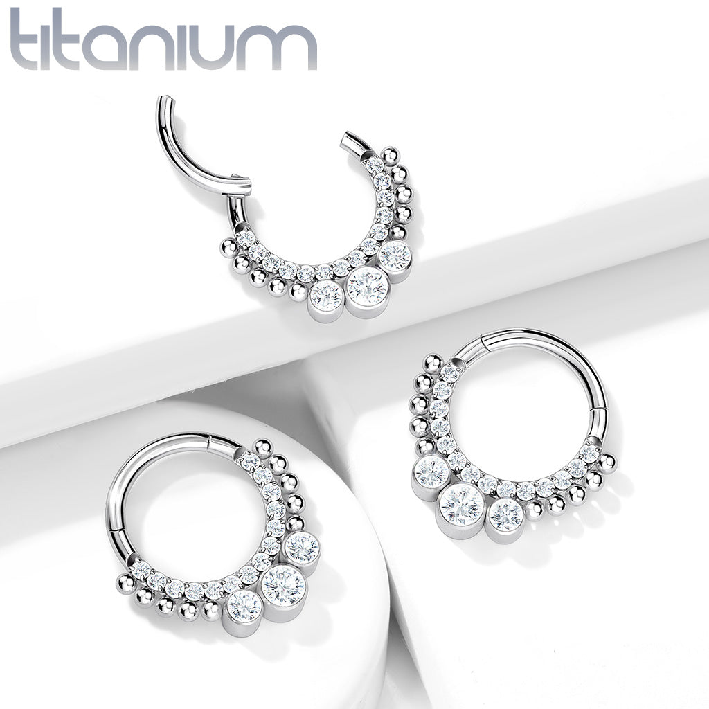 Titanium Hinged Segment Hoop Ring 3 Bezel CZ For Nose Septum Cartilage ...