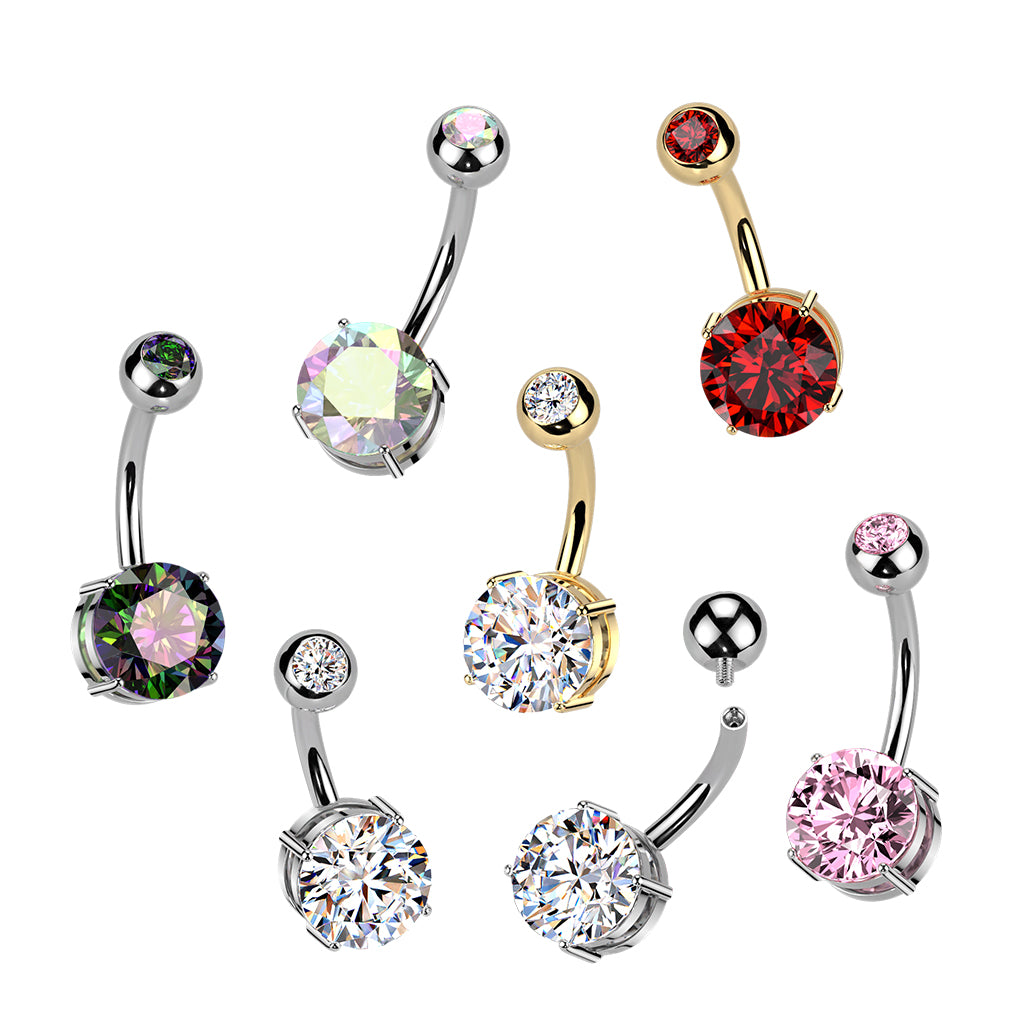 Titanium Internally Threaded Prong Round CZ Belly Button Ring ...