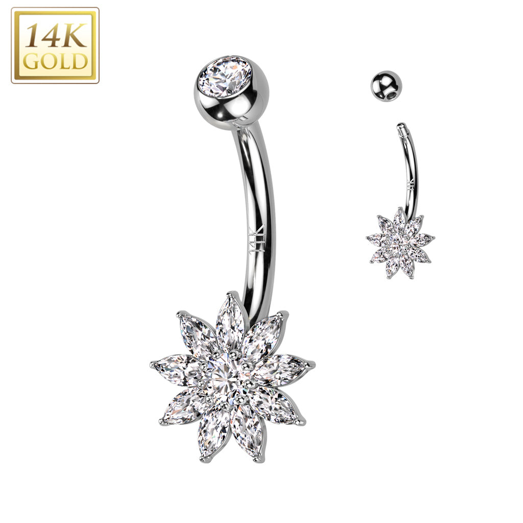 14K Solid Gold CZ Flower Navel Belly Button Ring – iconbodyjewelry.com