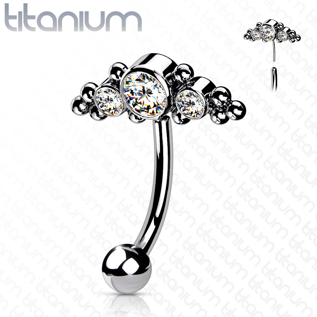 Titanium Threadless Eyebrow Curve with 3 CZ Ball Clusters ...