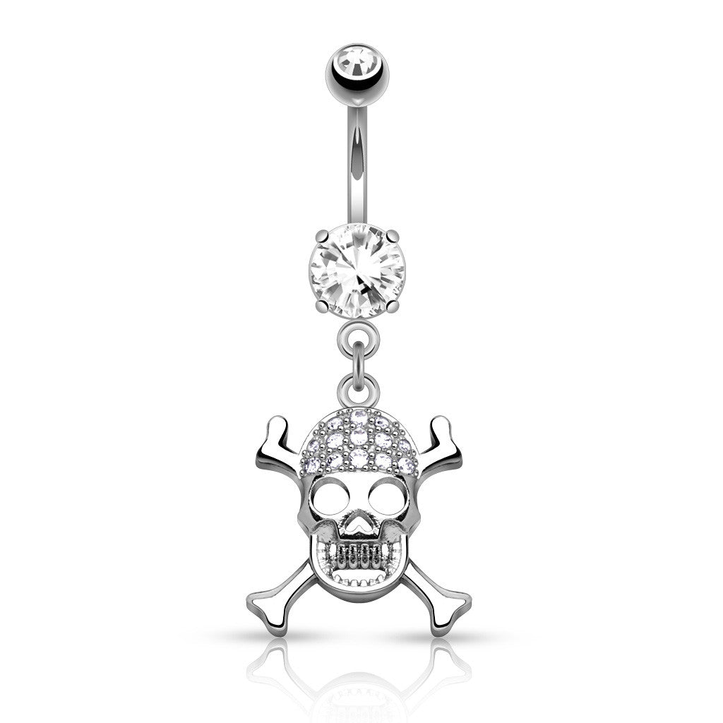 CZ Skull Cross Bones Dangle Surgical Steel Belly Button Navel Rings ...