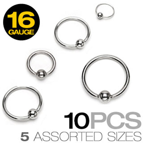 10 Pc of Basic 316L Surgical Steel Captive Bead Rings 16GA Mixed Sizes ...