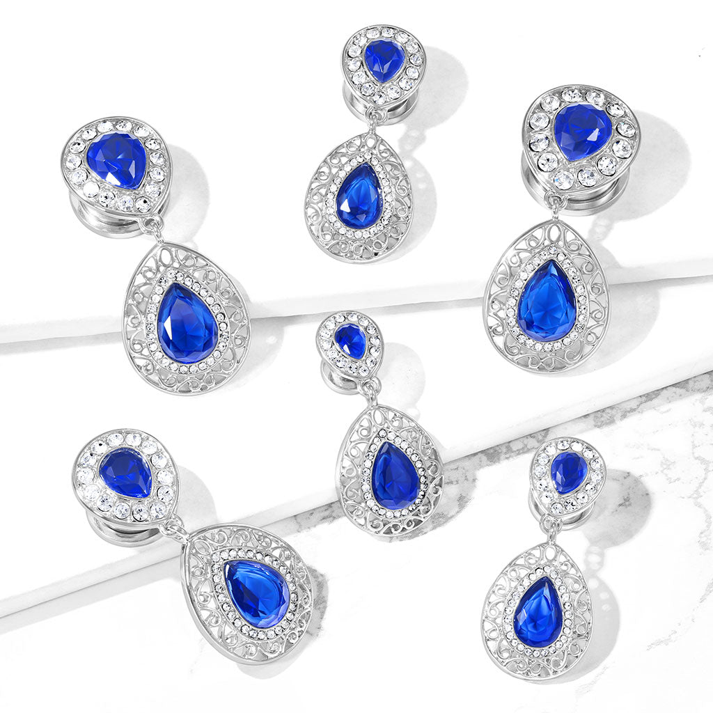 Paved Blue CZ Center Tear Drop Dangle Screw Fit Flesh Tunnel Ear Plugs ...