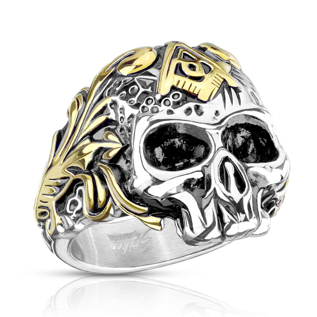 Two Tone Skull With Masonic Emblem Biker Stainless Steel Rings ...